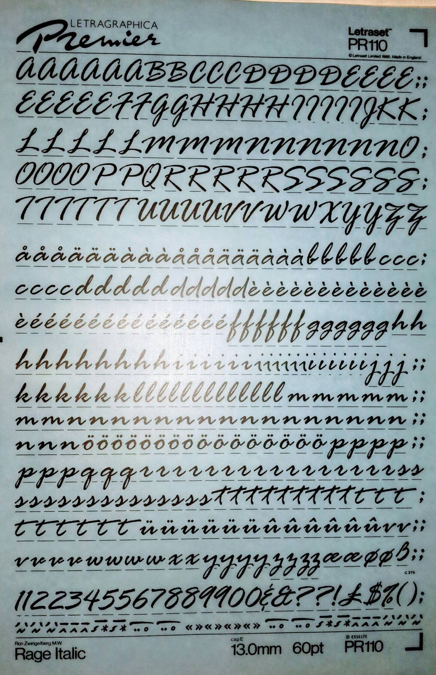 RAGE ITALIC 72pt/60pt/48pt/36pt Letragraphica PREMIER Letraset Vintage ...