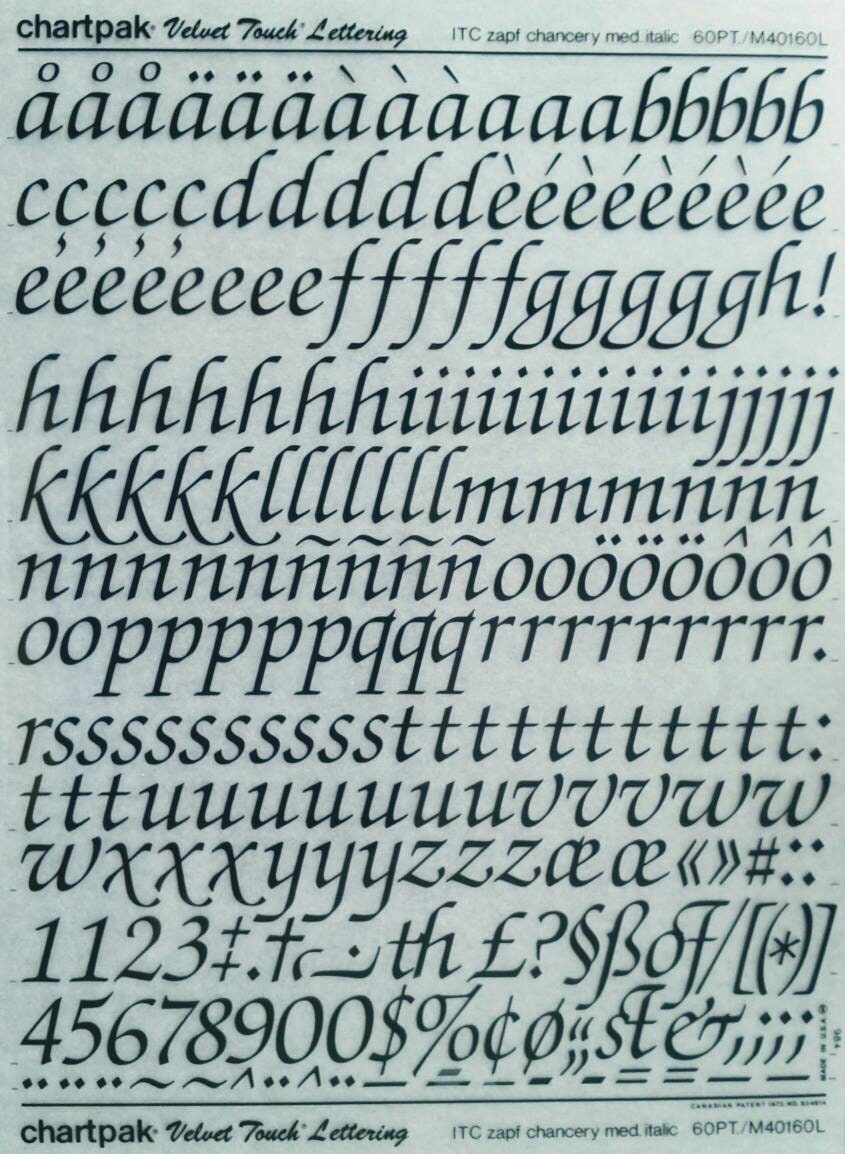 ZAPF CHANCERY Medium ITALIC (72pt/48pt) Chartpak Letter/number Dry Rub ...