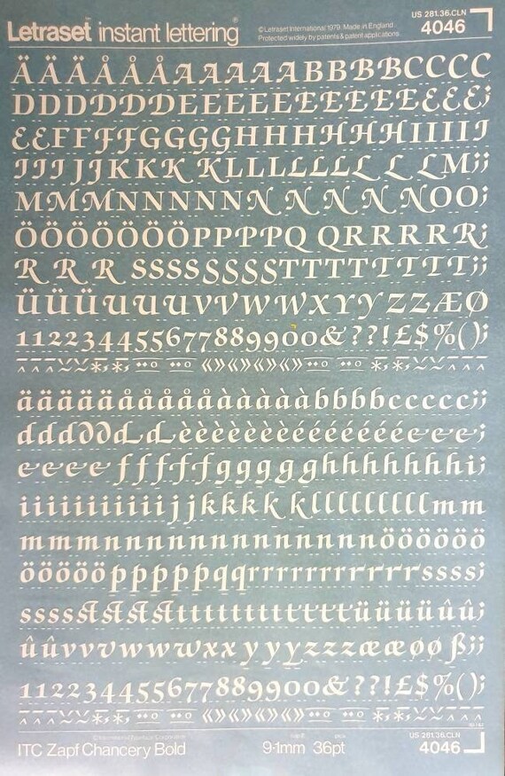 Letraset rub on letter/number transfers White ZAPF CHANCERY BOLD 36pt ...