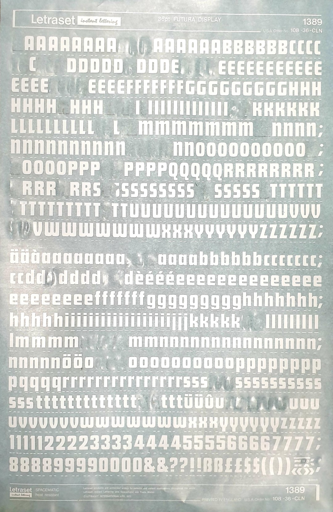 FUTURA DISPLAY (36pt) White Letraset Instant Rub on Transfer Lettering ...