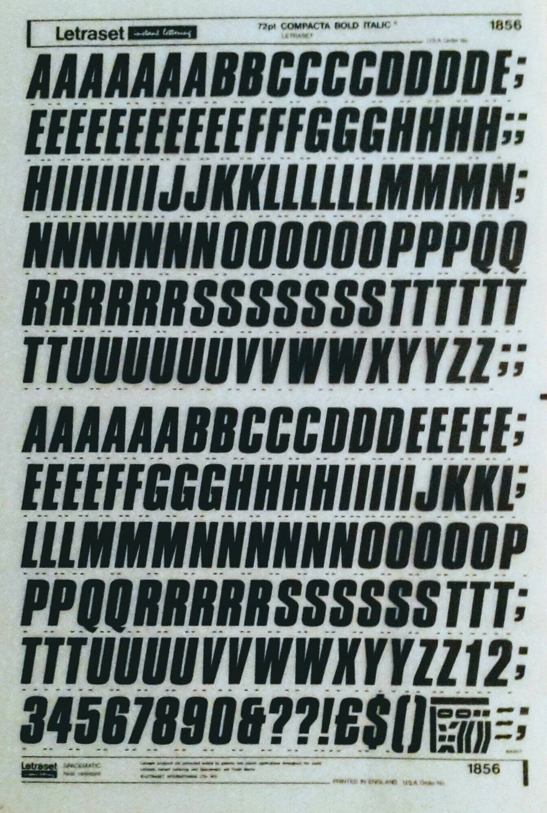 COMPACTA BOLD ITALIC (72pt/42pt/30pt) Letraset Dry Rub on Letter/number ...
