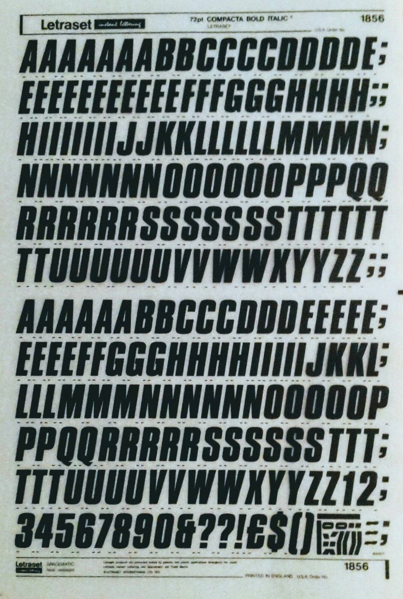 COMPACTA BOLD ITALIC (72pt/42pt/30pt) Letraset Dry Rub on Letter/number ...