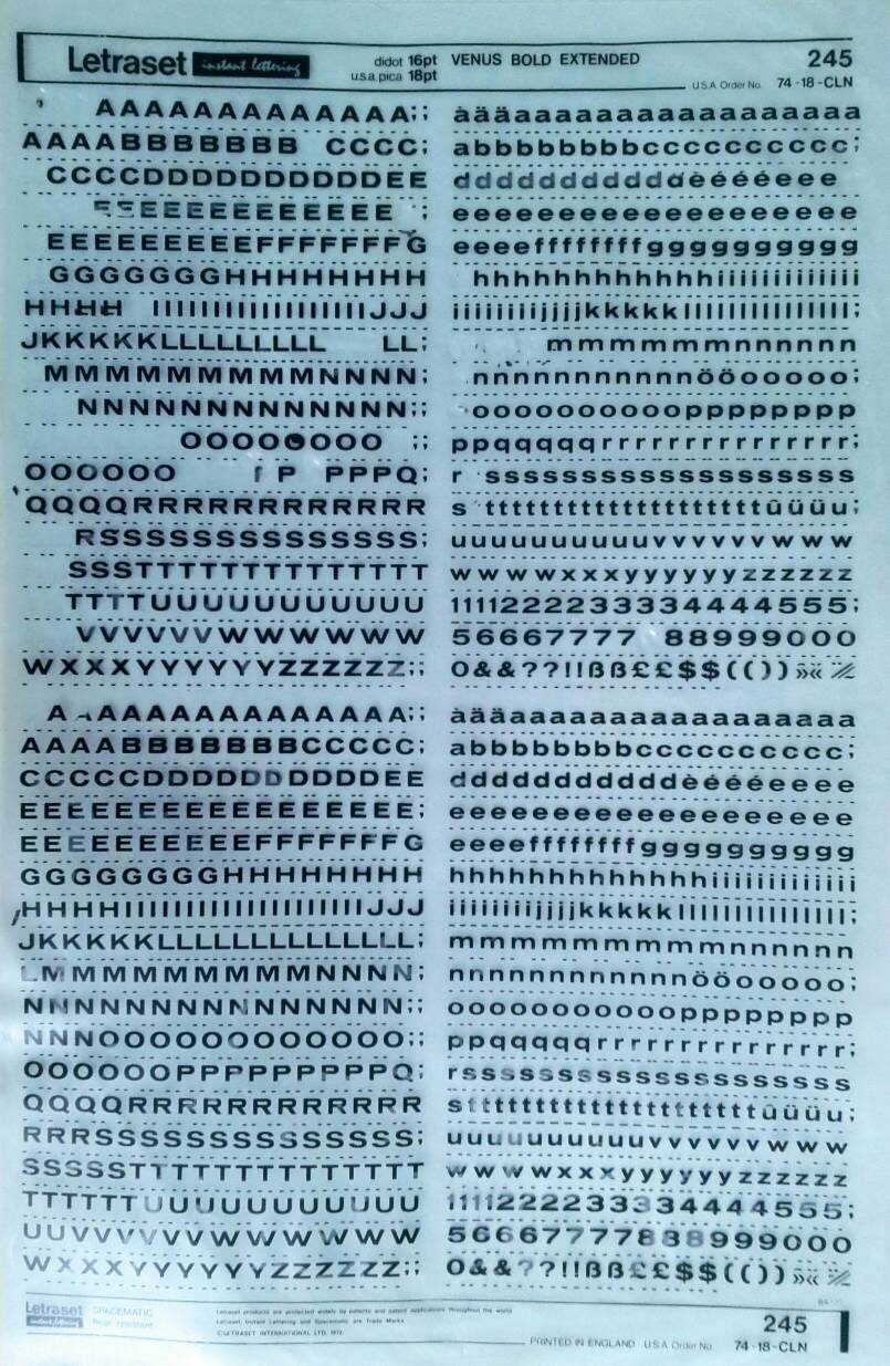 VENUS BOLD EXTENDED (16pt/66pt/96pt) Letraset Vintage Instant Rub on ...