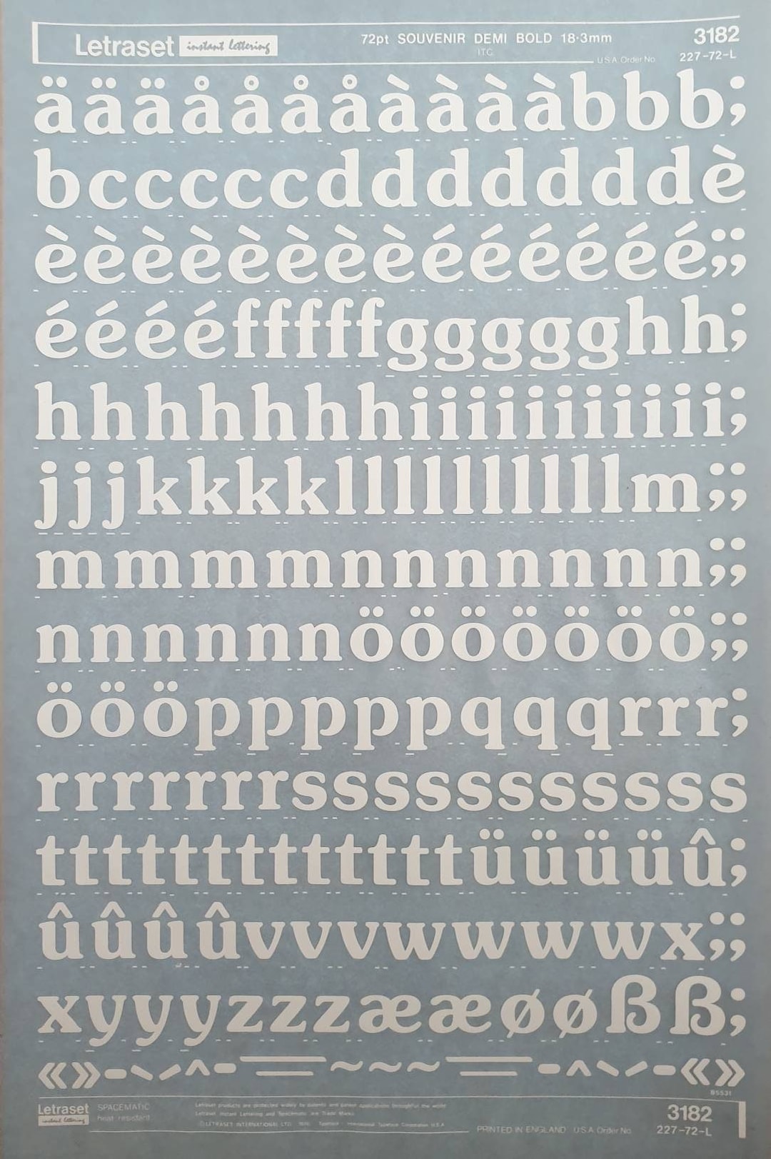 White SOUVENIR DEMI BOLD (72pt/60pt) Letraset Rub on Letter/number ...