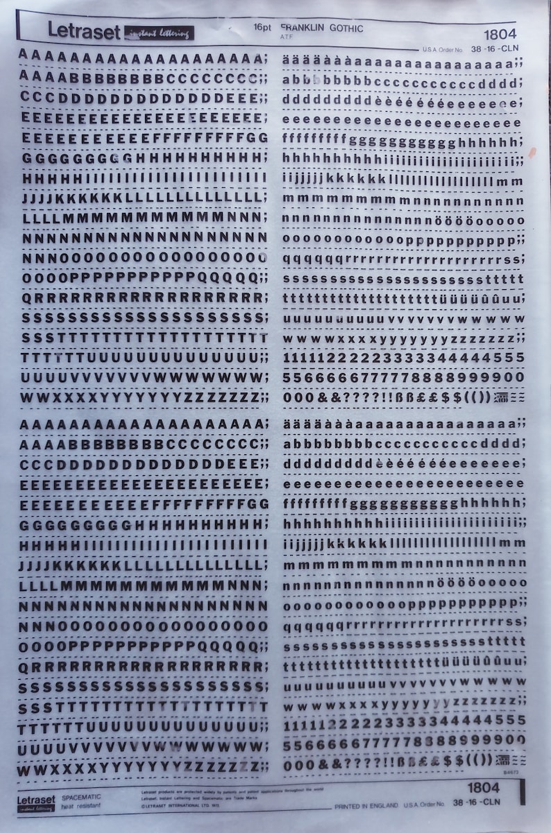 FRANKLIN GOTHIC (16pt/24pt/30pt/42pt/48pt/60pt) Letraset Vintage Rub on ...