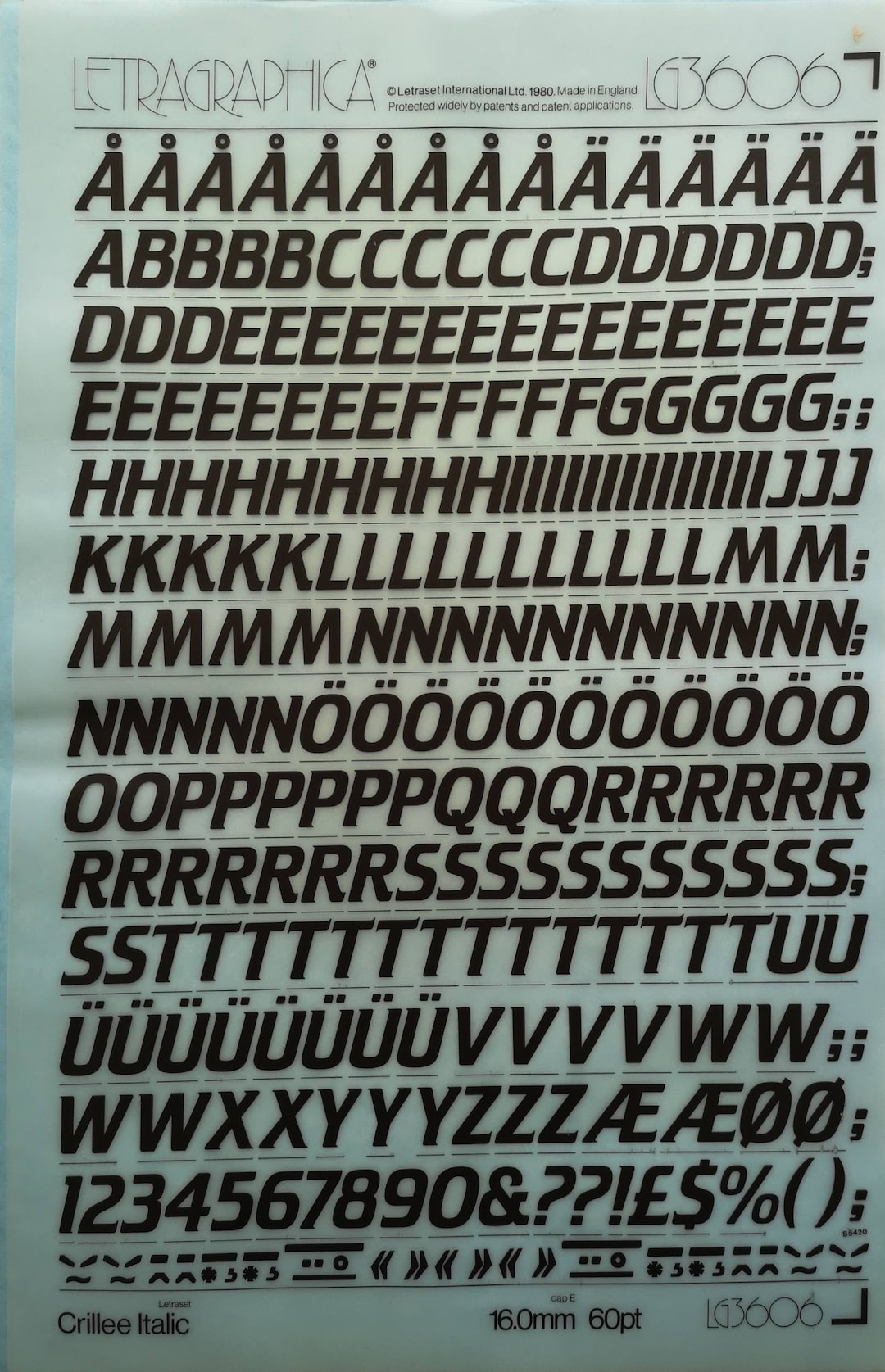 CRILLEE ITALIC (60pt/48pt/36pt/24pt) Letragraphica Letraset Vintage ...