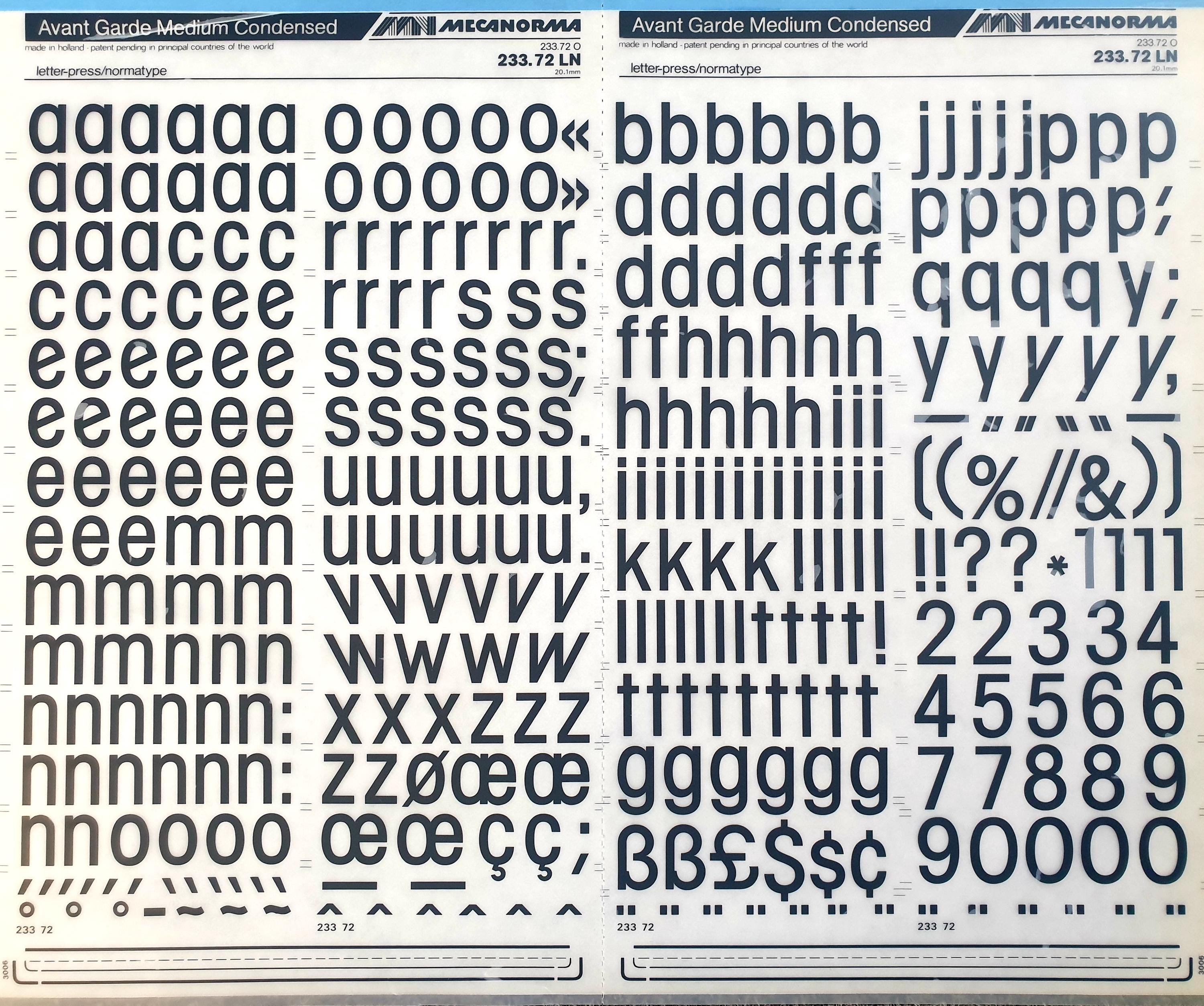 AVANT GARDE MEDIUM Condensed (72pt/48pt/36pt/24pt) Mecanorma Letter ...