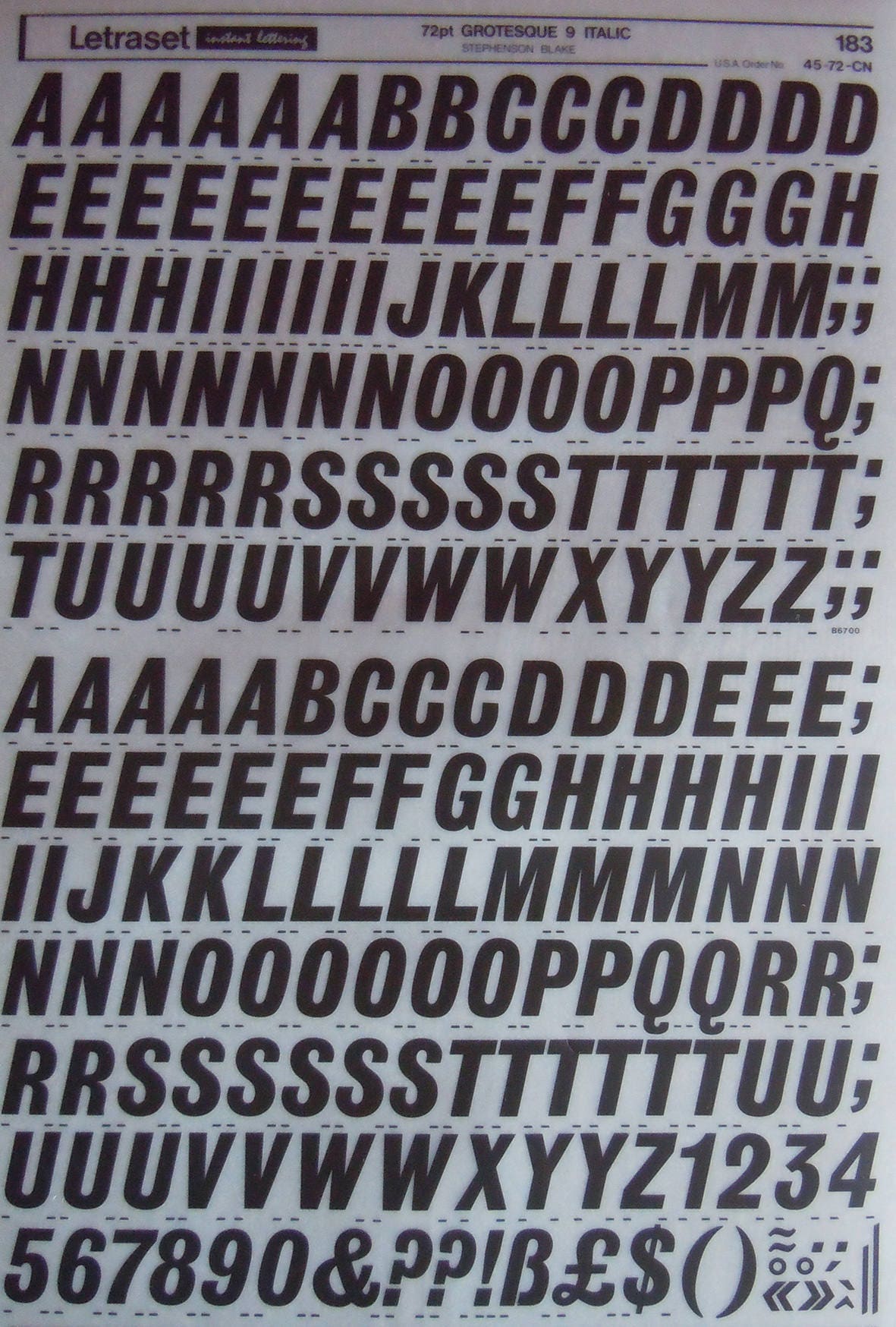 GROTESQUE 9 ITALIC (48pt/36pt/30pt/24pt) Letraset Vintage Instant Rub ...