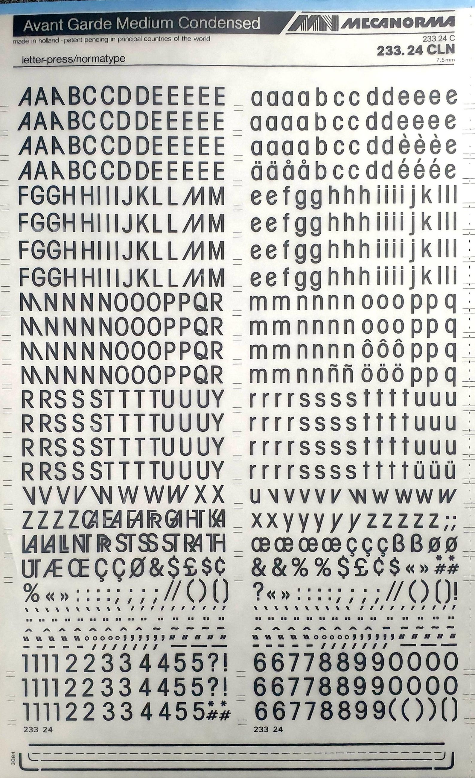 AVANT GARDE MEDIUM Condensed (72pt/48pt/36pt/24pt) Mecanorma Letter ...