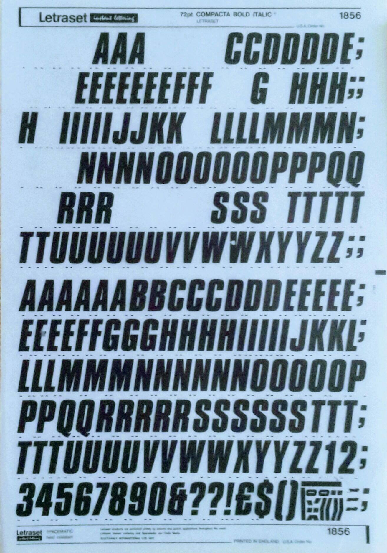 COMPACTA BOLD ITALIC 72pt/42pt/30pt Letraset Dry Rub on Letter/number ...