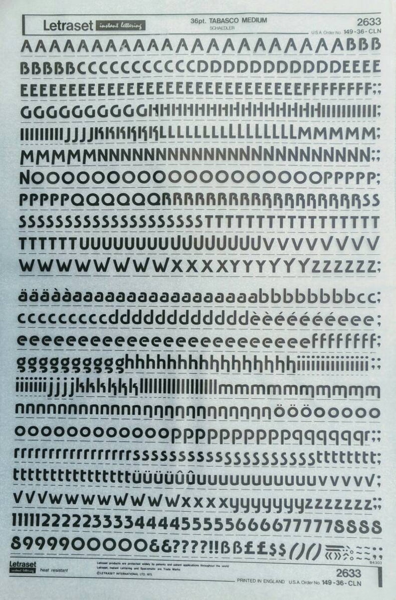 TABASCO MEDIUM (36pt/72pt) Letraset Rub on Letter/number Transfers ...