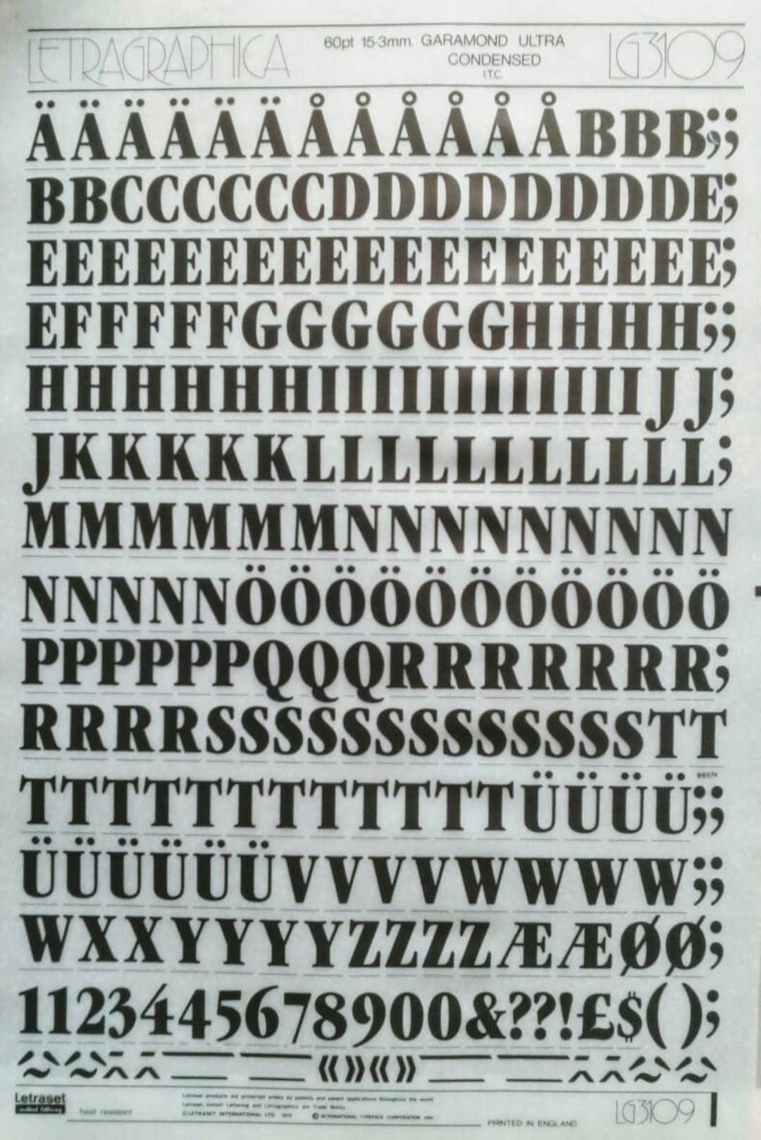 GARAMOND ULTRA CONDENSED (60pt/48pt) Letraset Instant Rub on Letter ...