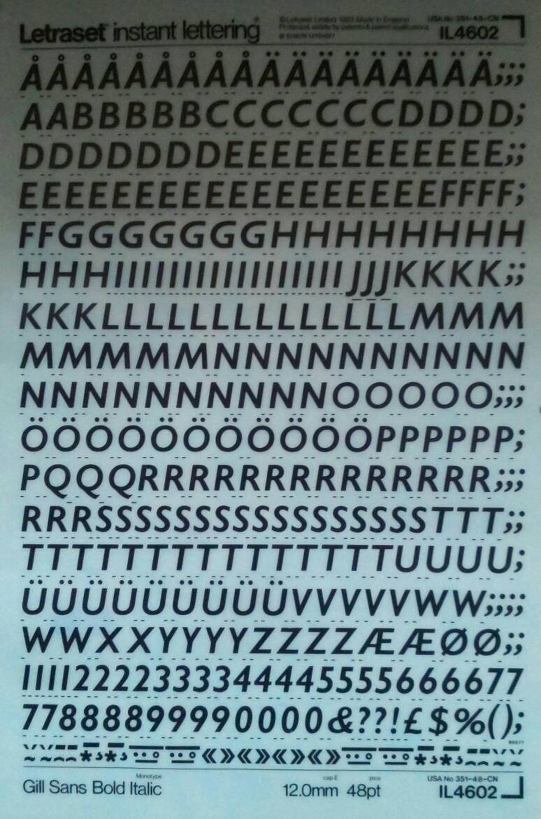 GILL Sans Bold ITALIC (36pt/48pt) Letraset Instant Rub on Letter ...