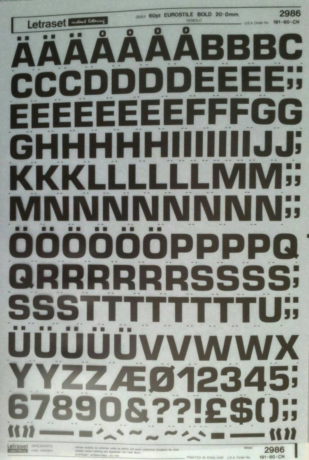 EUROSTILE BOLD (60pt/48pt/36pt/24pt/20pt/16pt) Letraset Vintage Instant ...