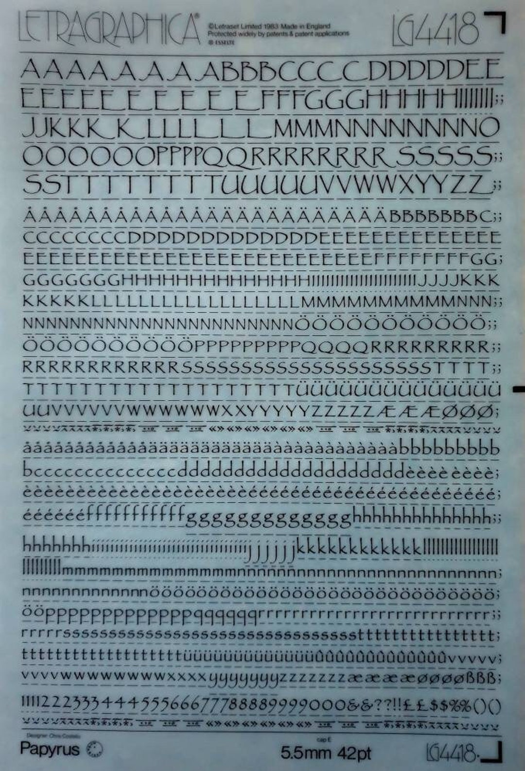 PAPYRUS (5.5mm) Letraset Letragraphica Vintage Dry Rub on Letter/number ...