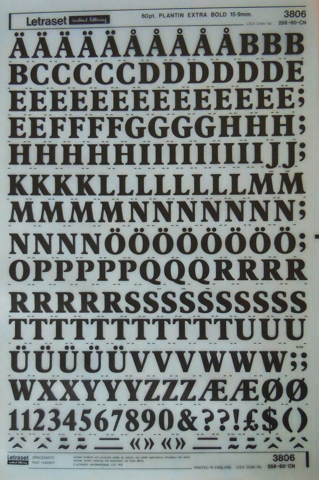 PLANTIN EXTRA BOLD (24pt/30pt/42pt/60pt) Letraset Instant Rub on Letter ...