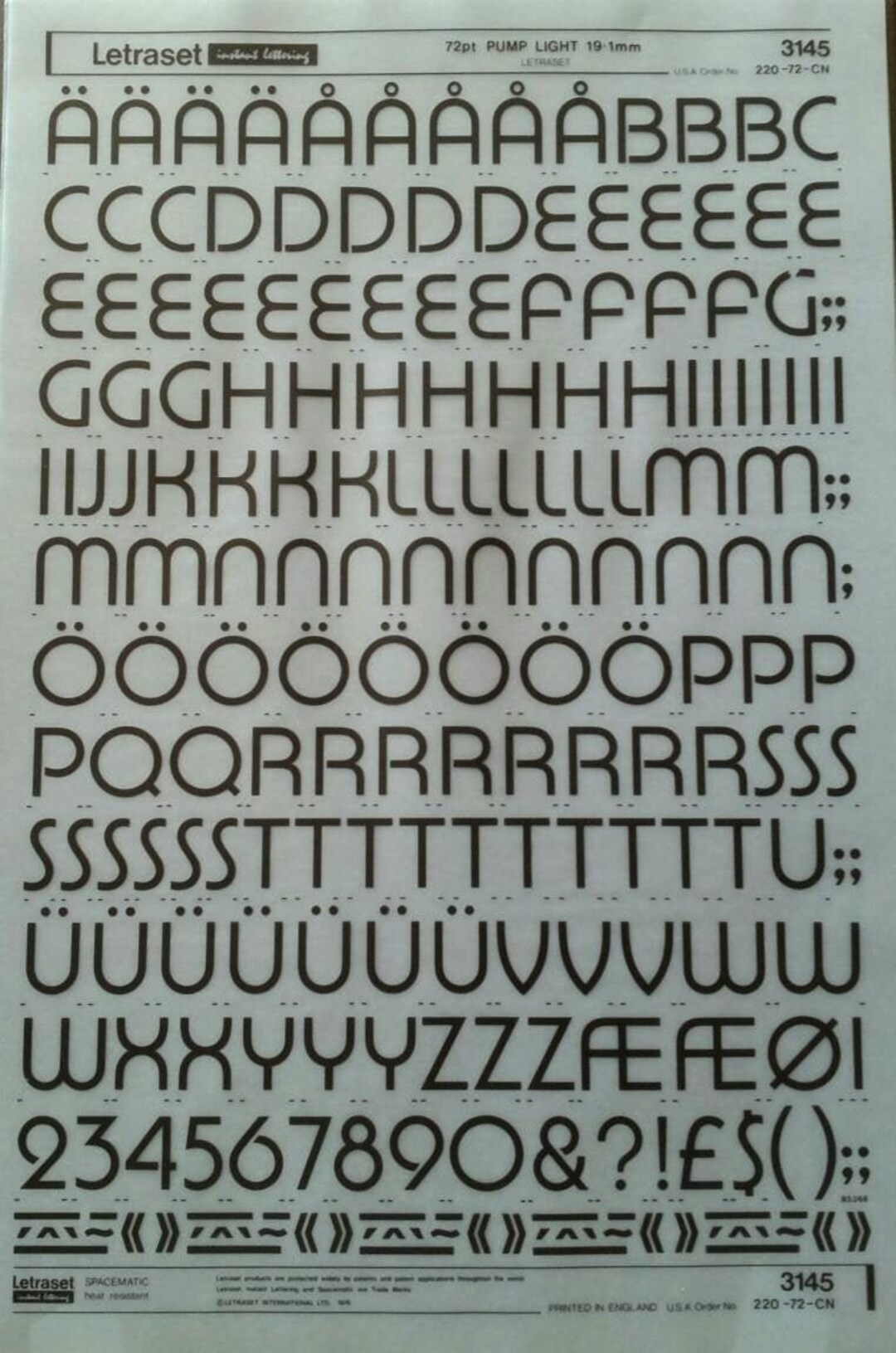 PUMP LIGHT (72pt/48pt/36pt/30pt) Letraset Rub on Letter/number ...