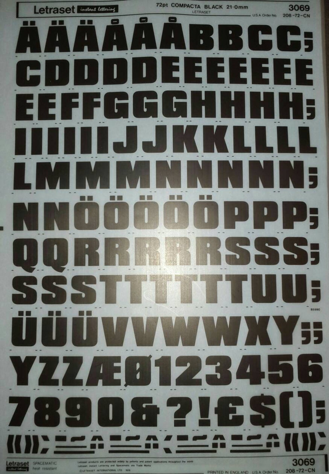 COMPACTA BLACK (72pt/48pt/36pt/30pt) Letraset Instant Dry Rub on Letter ...