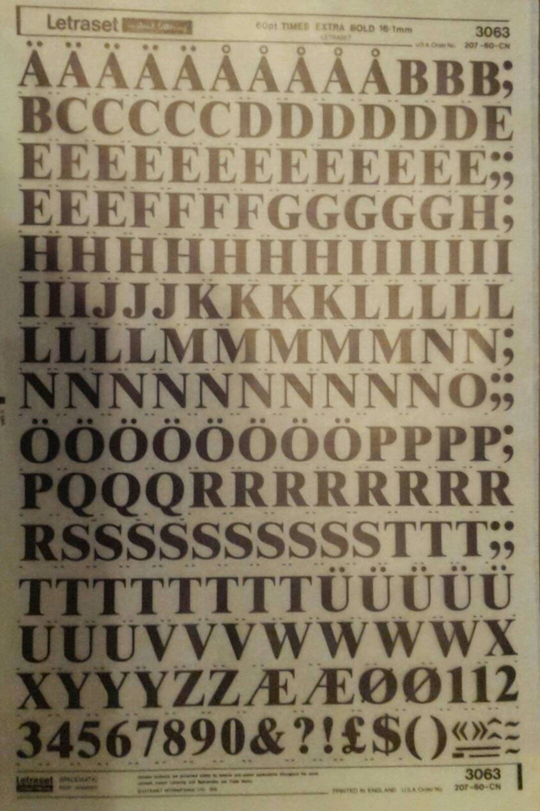 TIMES EXTRA BOLD (60pt/42pt/36pt/24pt) Letraset Instant Rub on Letter ...