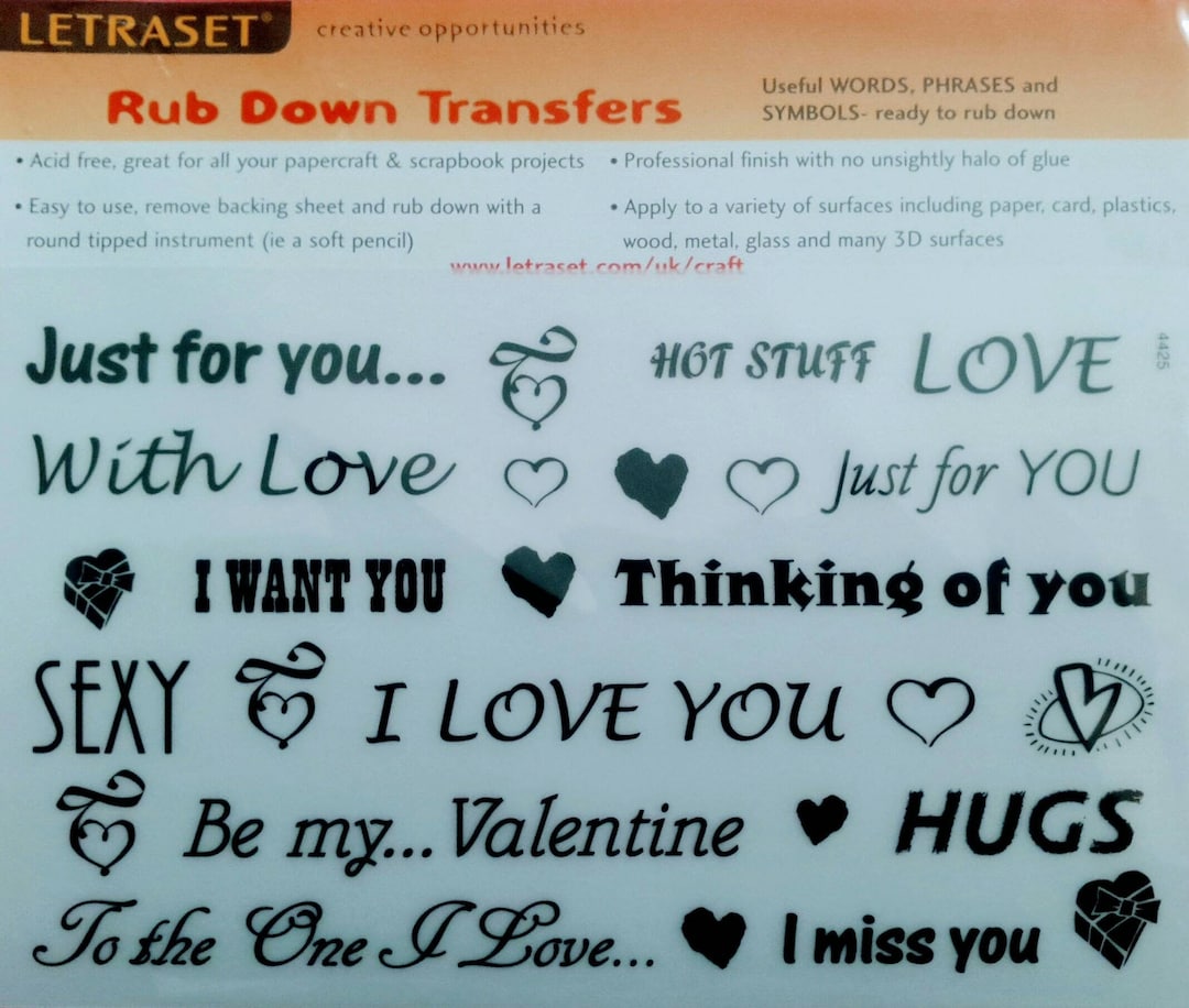 LOVE PHRASES & SYMBOLS - Letraset Lots Rub on Words Phrases Symbols Dry ...