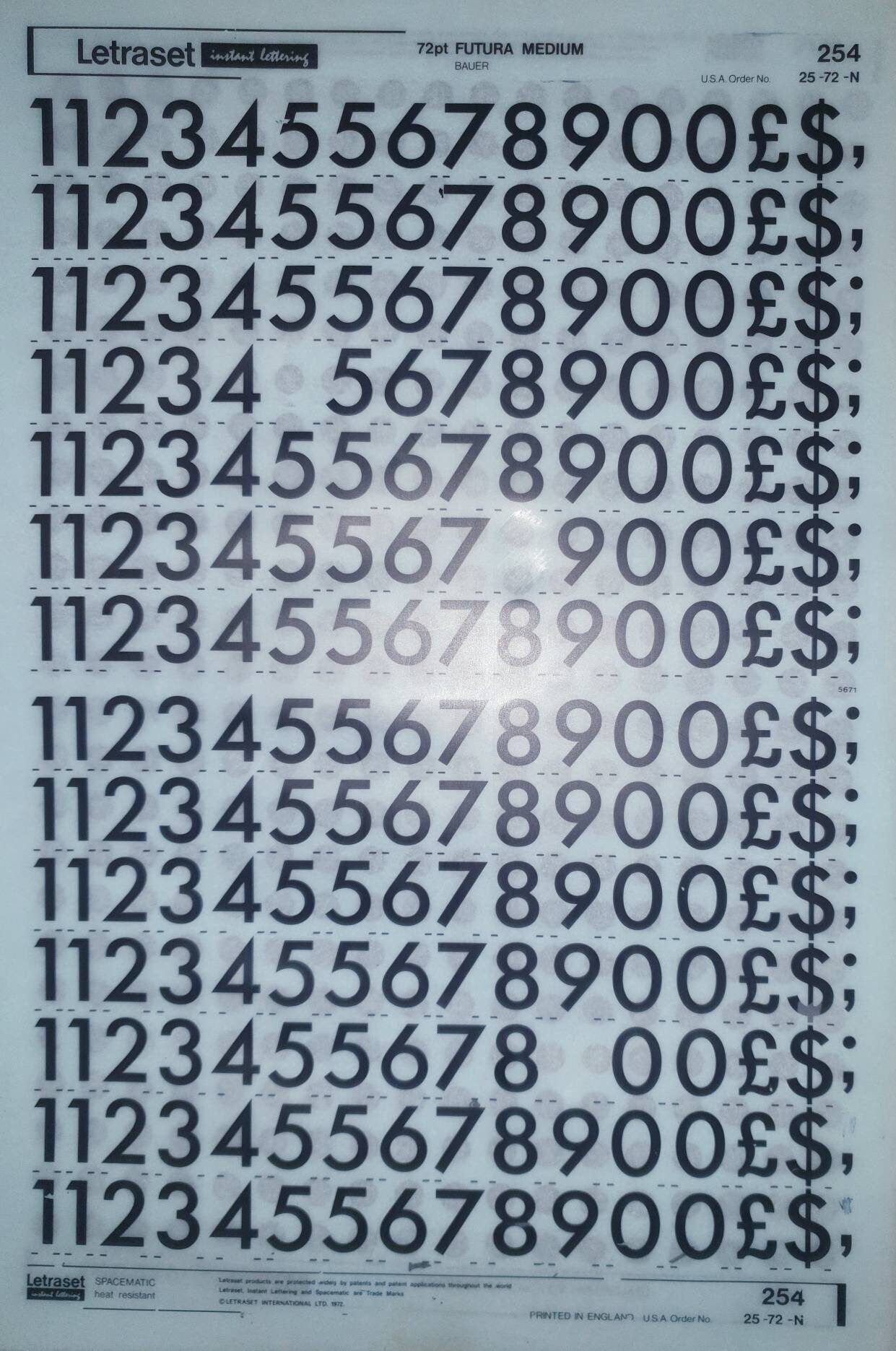 FUTURA MEDIUM Numbers Numerals 16pt/72pt Mecanorma / Letraset Instant ...