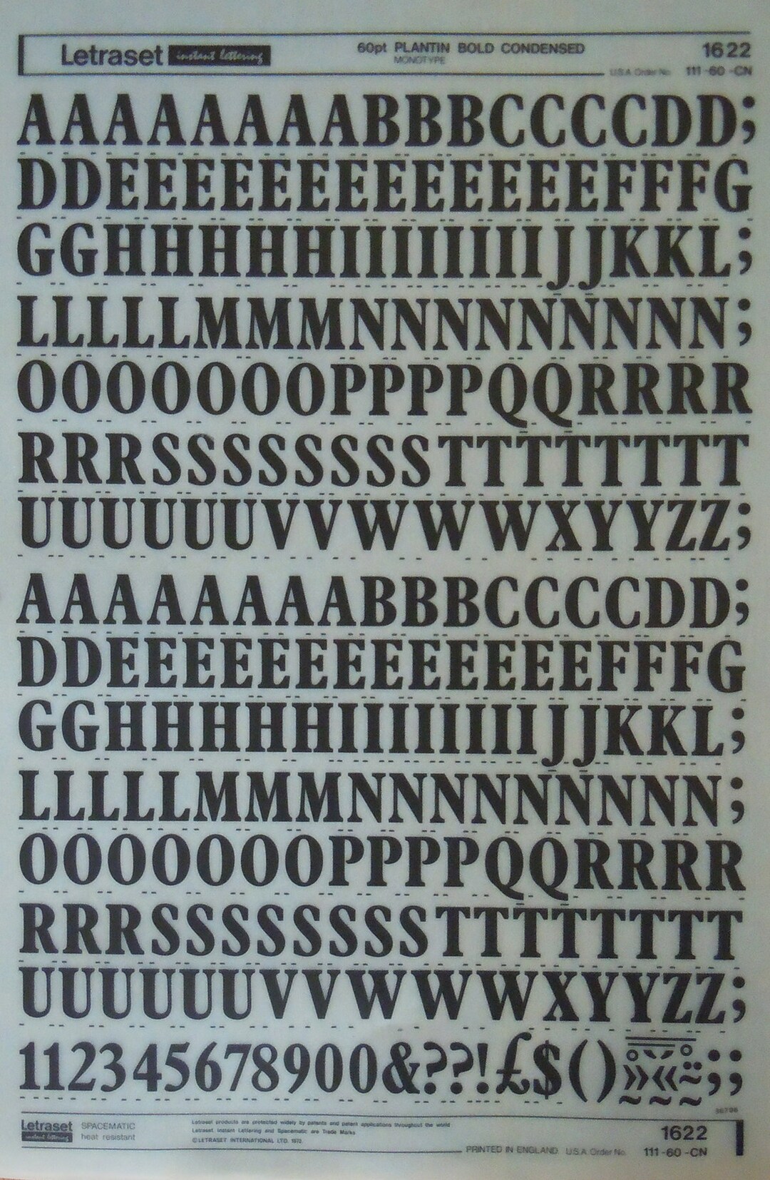 PLANTIN BOLD CONDENSED (60pt/48pt/42pt/36pt/30pt/24pt) Letraset Instant ...