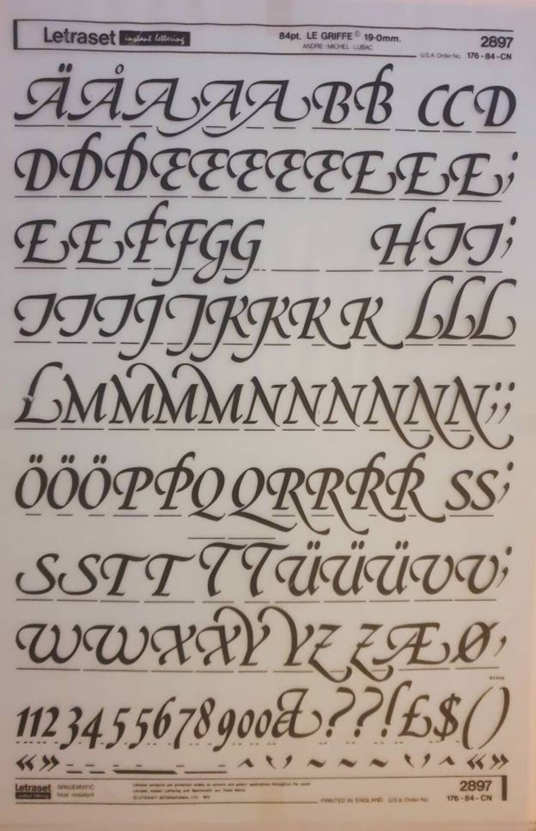 LE GRIFFE Used Sheets (30pt/36pt/48pt/60pt/72pt/84pt) Letraset Instant ...