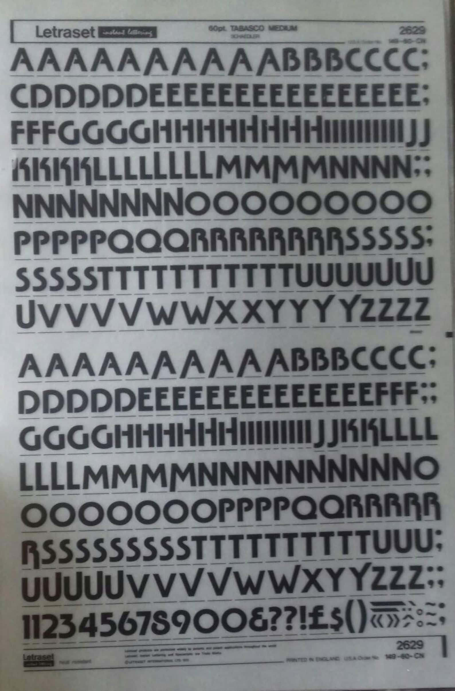 TABASCO MEDIUM (36pt/72pt) Letraset Rub on Letter/number Transfers ...