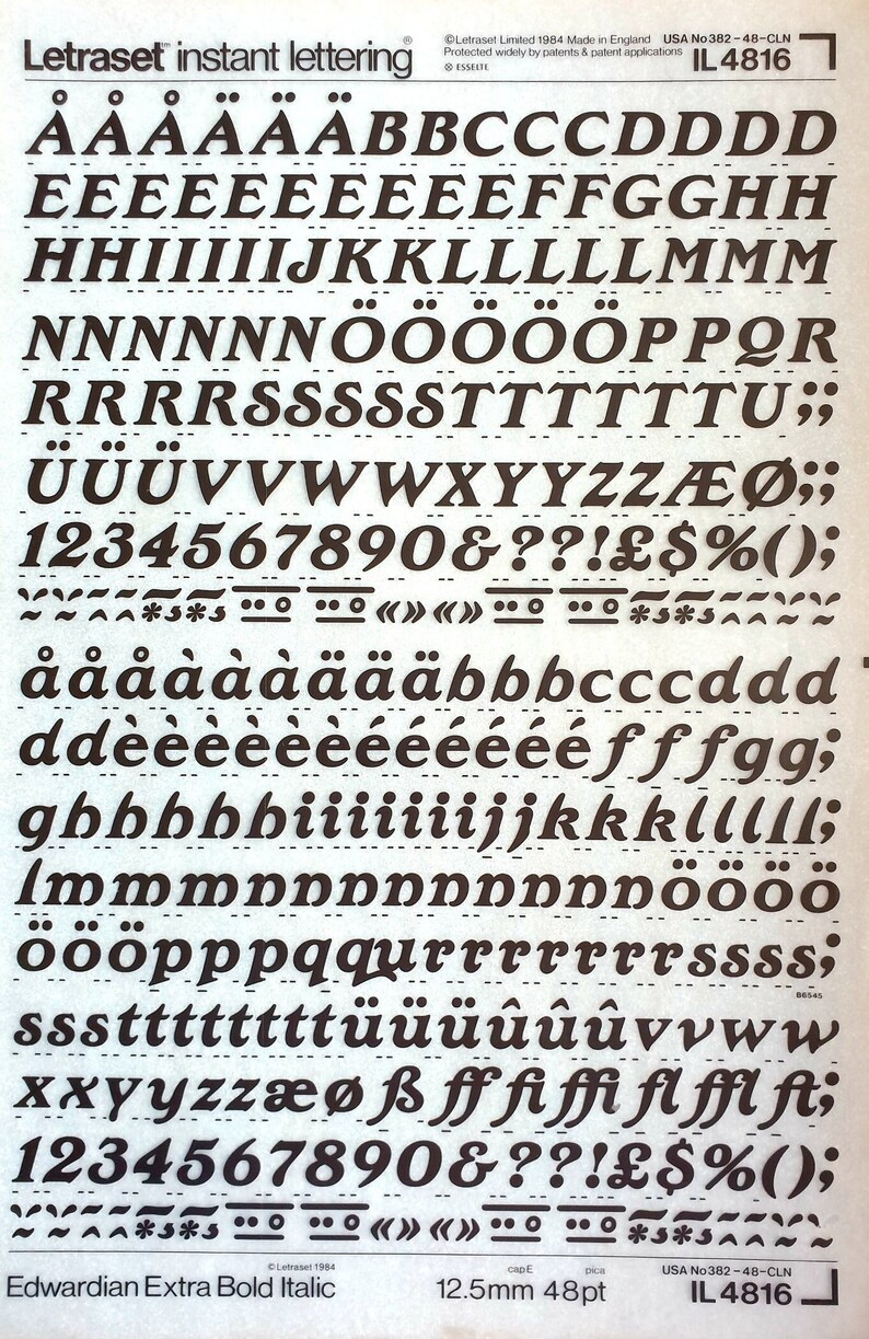 EDWARDIAN EXTRA BOLD Italic 48pt Letraset Instant Lettering Vintage Rub ...