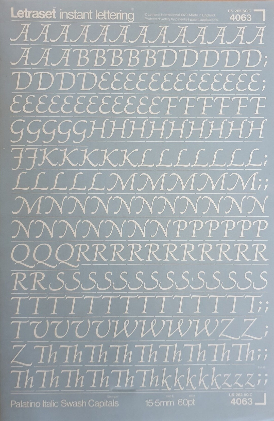 White PALATINO ITALIC Swash CAPITALS (24pt/36pt/60pt) Letraset Rub on ...