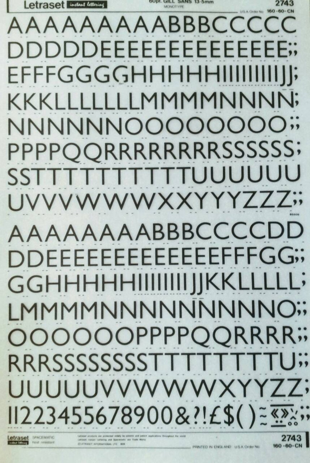 GILL SANS (60pt/42pt/30pt/24pt) Letraset Vintage Rub on Letter/number ...