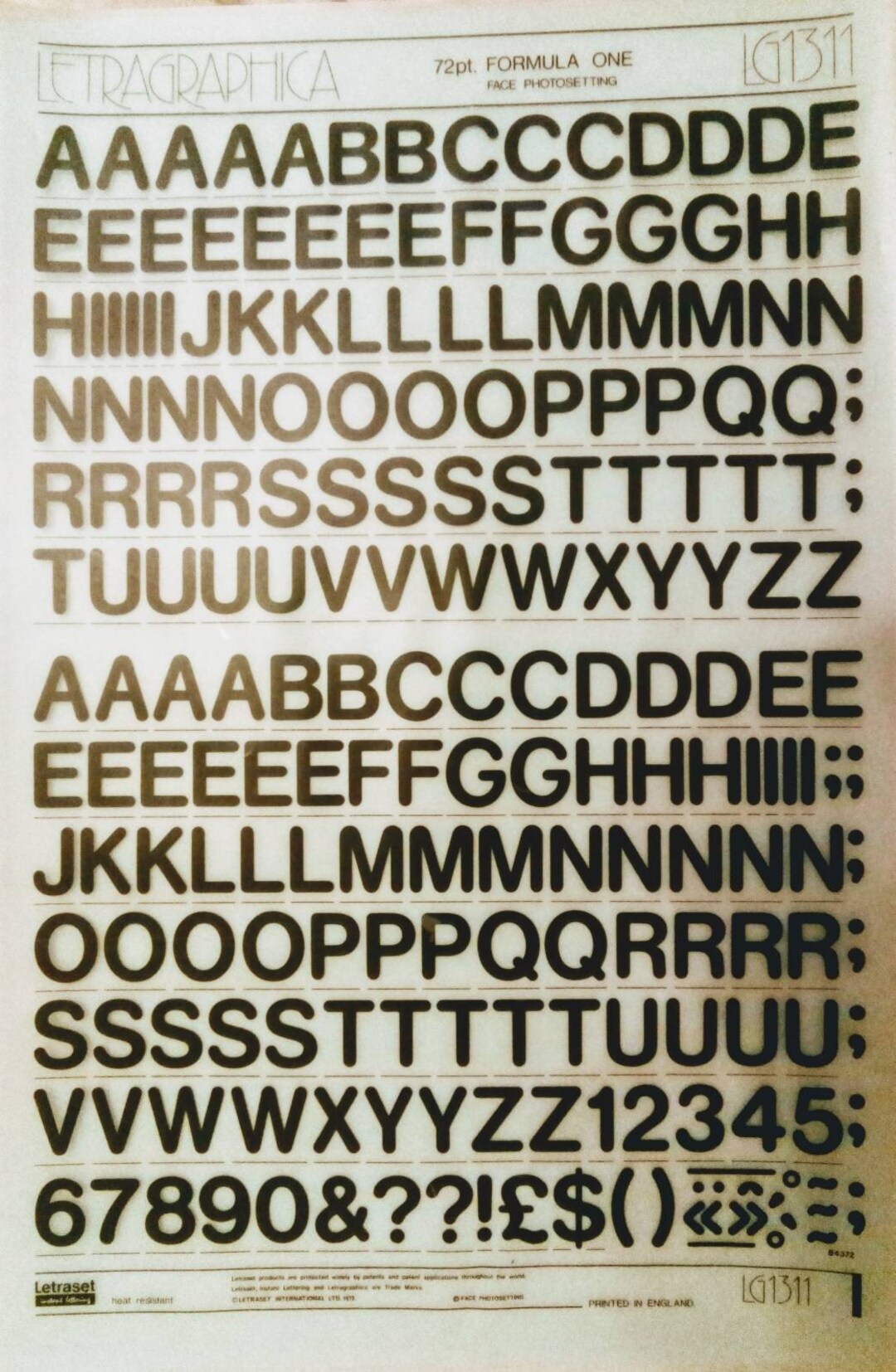 FORMULA ONE (36pt/48pt) LETRAGRAPHICA Letraset Dry Rub on Letter ...
