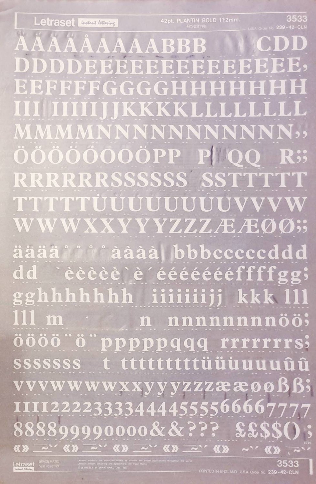 White PLANTIN BOLD (30pt) Letraset Rub on Letter/number Transfers - Etsy