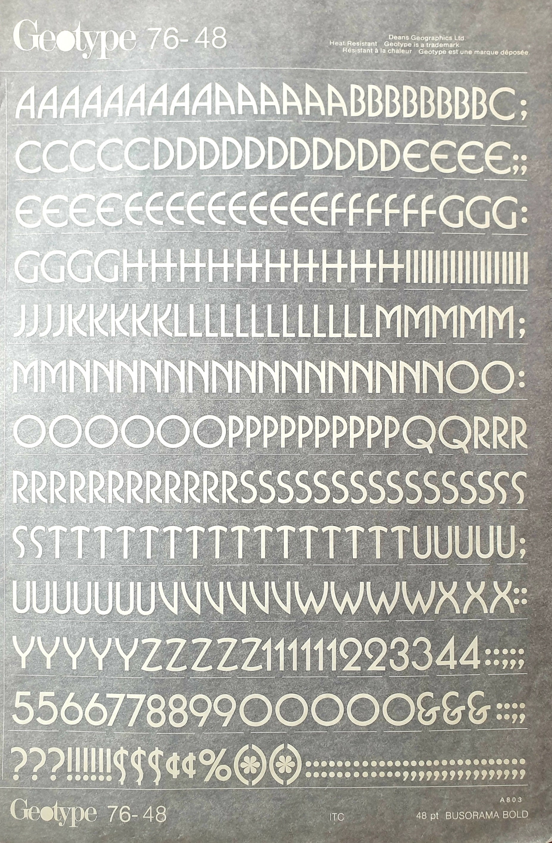 White BUSORAMA BOLD (48pt) Geotype Rub on Instant Lettering Vintage Rub ...