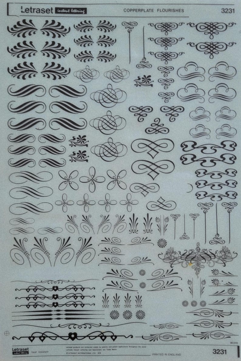 COPPERPLATE FLOURISHES SYMBOLS Letraset Instant Rub on Transfer Symbols ...