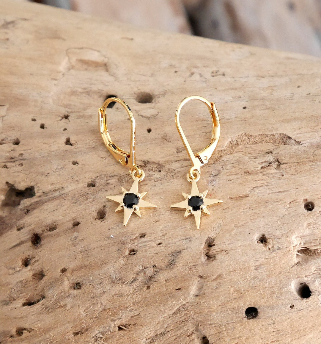 Mini Minimalist Creoles Gold and Black Stars. Golden North Star Loops ...