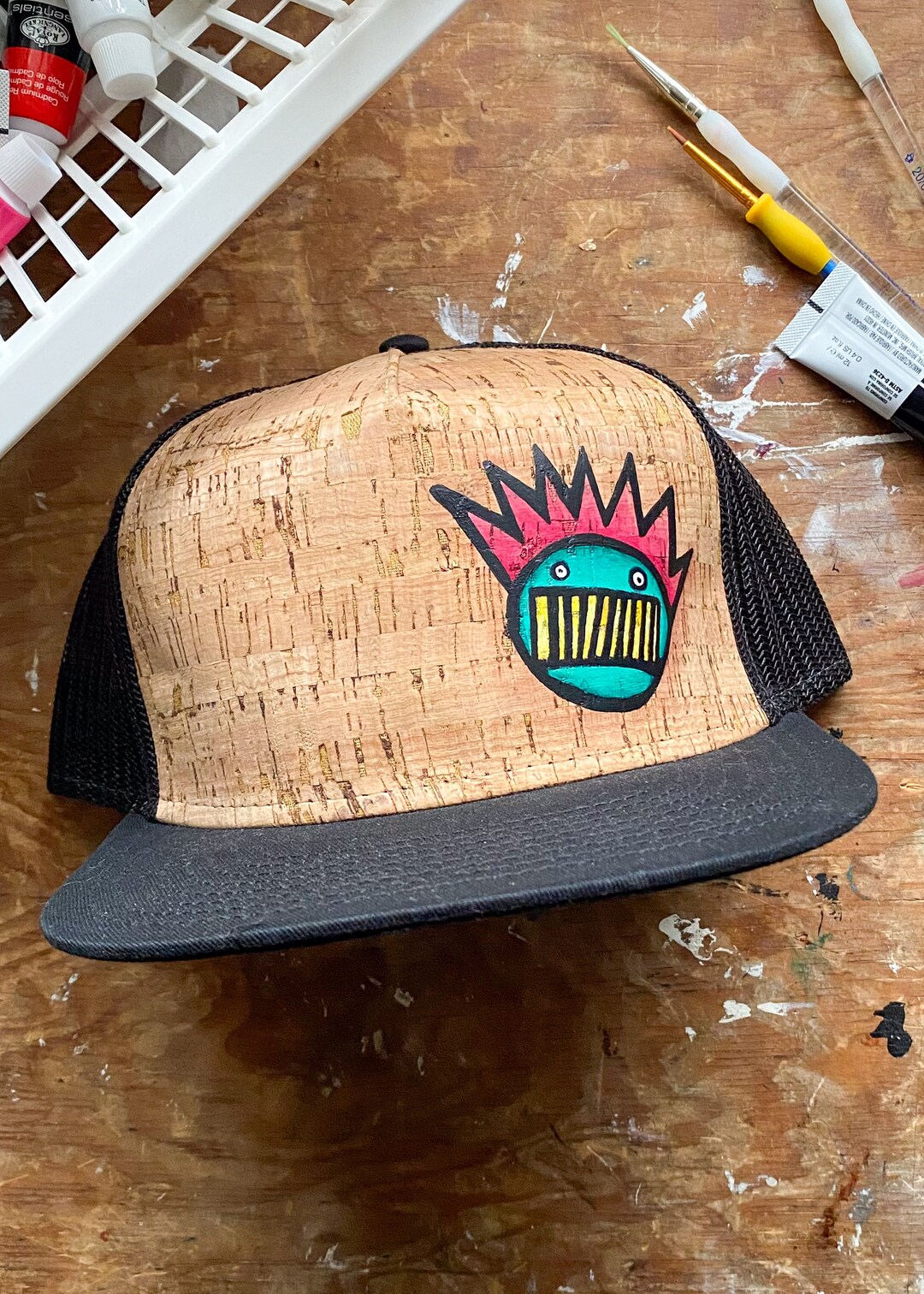 Boognish Hand Painted Cork Front Flat Brim Hat - Etsy