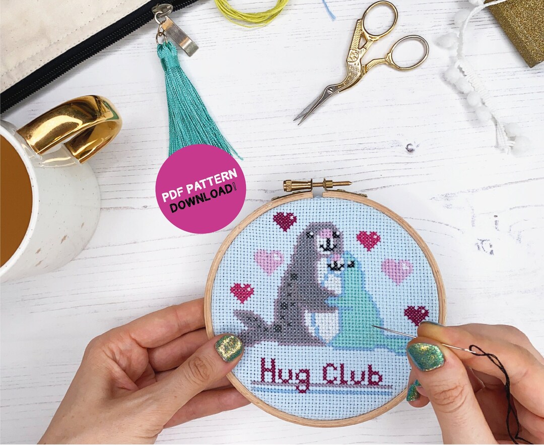 Hug Club Seal Cross Stitch PDF Pattern - 5inch 14 Count Aida - Etsy
