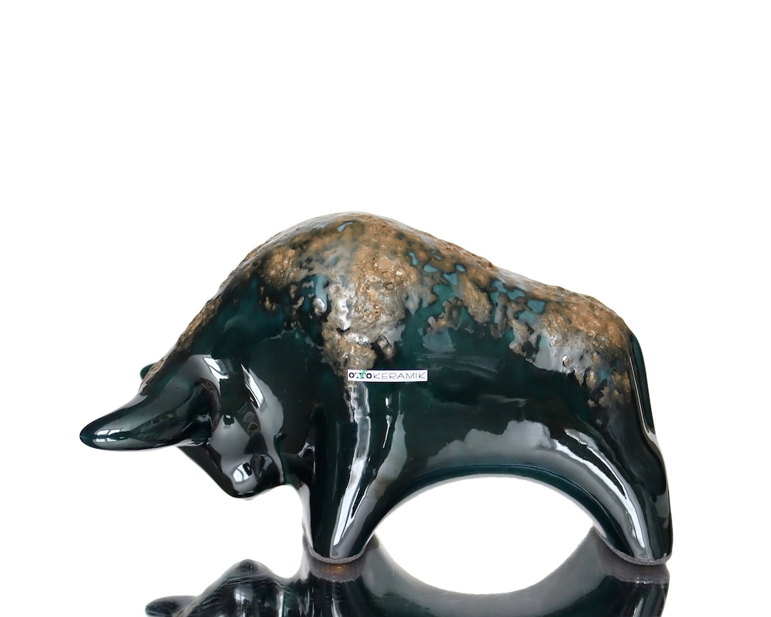 Ceramic Bull Figurine in Teal With Bronze Lava Glaze - OTTO KERAMIK - Etsy
