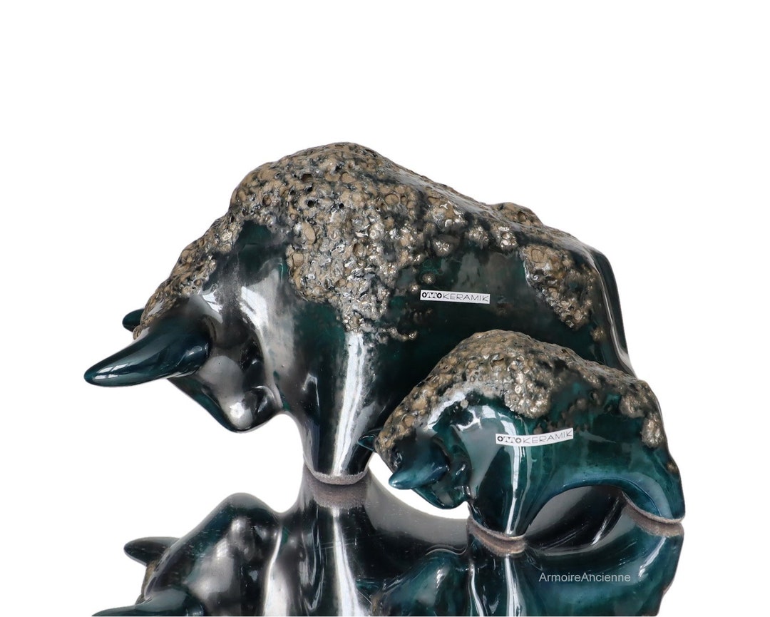 1x Ceramic Bull Figurine in in Teal With Grey Lava Glaze - OTTO KERAMIK ...