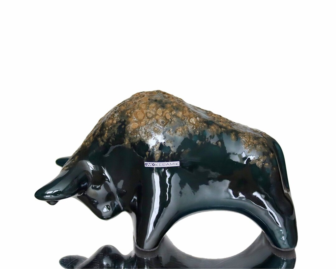Ceramic Bull Figurine in Teal With Bronze Lava Glaze - OTTO KERAMIK - Etsy