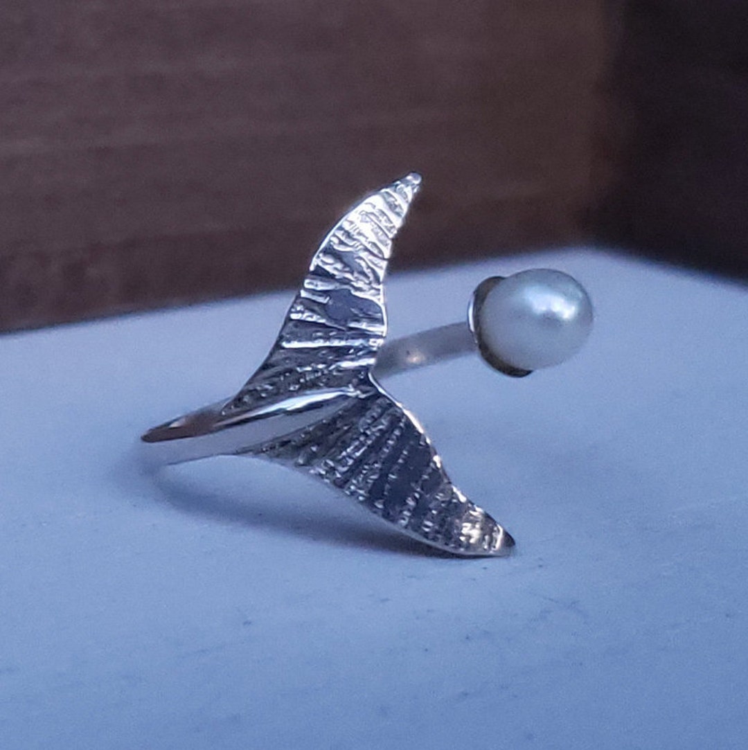 Mermaid Tail Pearl Ring, Whale Tale Ring, Dolphin Tale Ring, Sterling ...