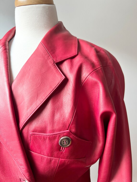 Vintage cherry red leather jacket blazer, double brea… - Gem