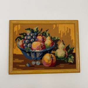 Vintage Mcm Fruit Bowl Embroidery Needlepoint Art, Home Decor Crewel ...