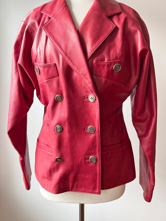 Vintage cherry red leather jacket blazer, double brea… - Gem