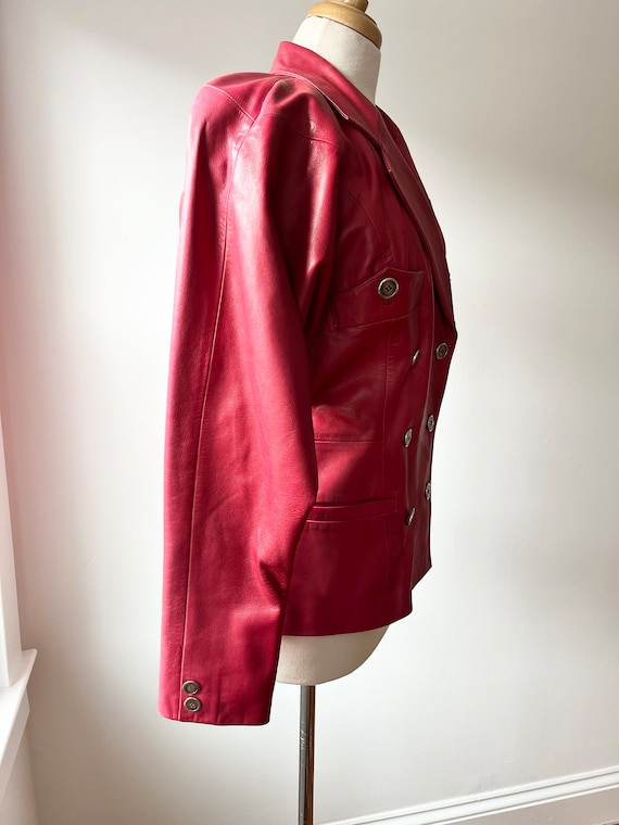 Vintage cherry red leather jacket blazer, double brea… - Gem