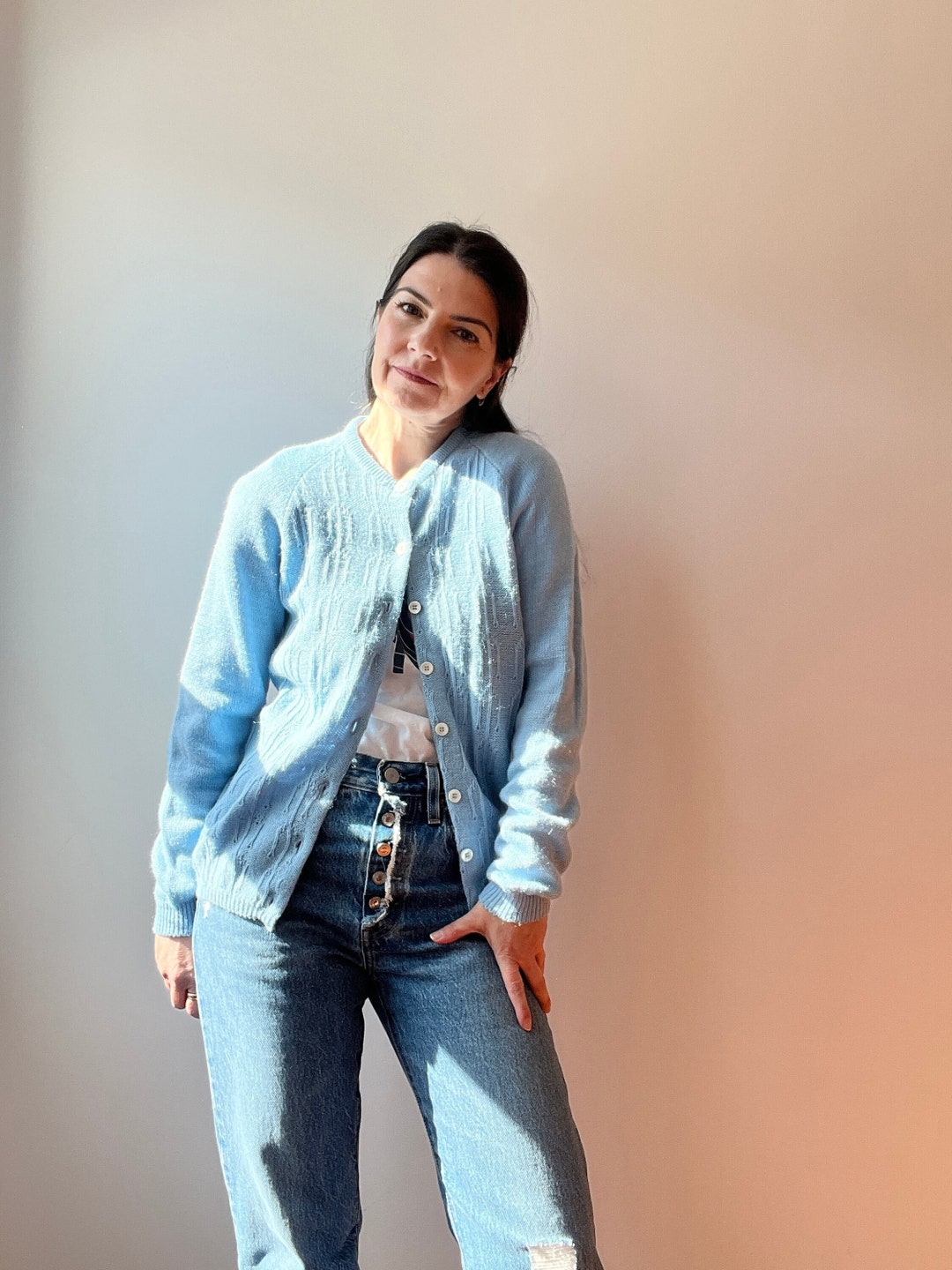Vintage Blue Pointelle Knit Cardigan Sweater by Sturbridge Village Size ...