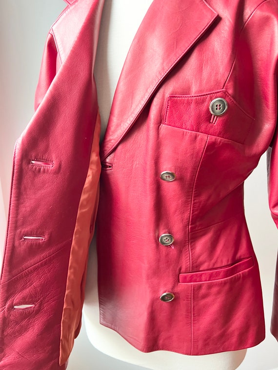 Vintage cherry red leather jacket blazer, double brea… - Gem