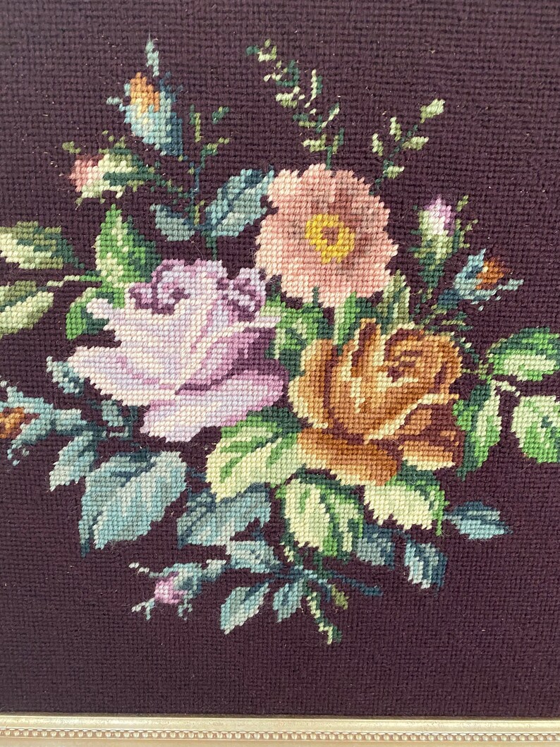 Vintage Floral Bouquet Needlepoint Artwork With Gold Frame, Ornate ...