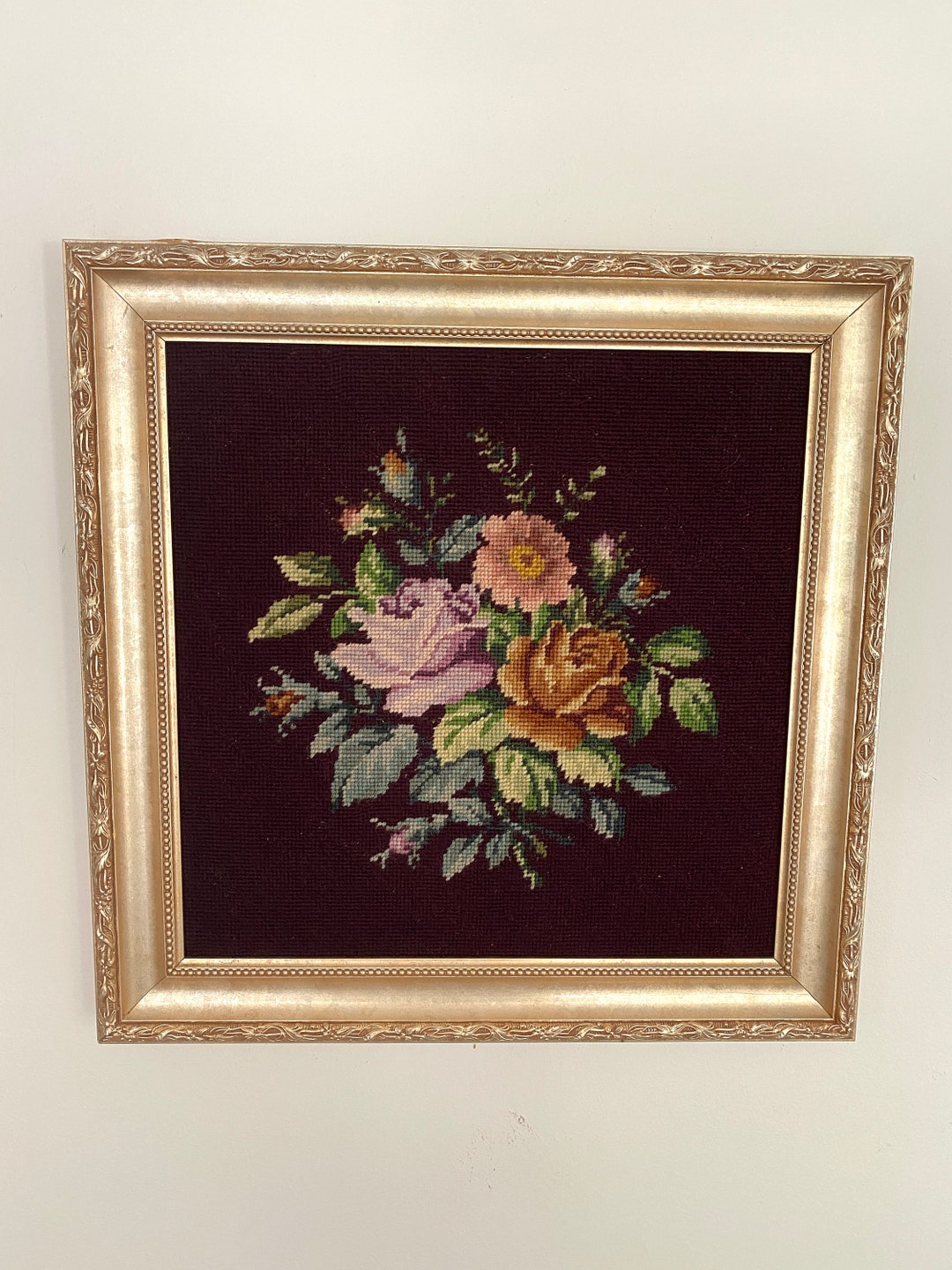 Vintage Floral Bouquet Needlepoint Artwork With Gold Frame, Ornate ...